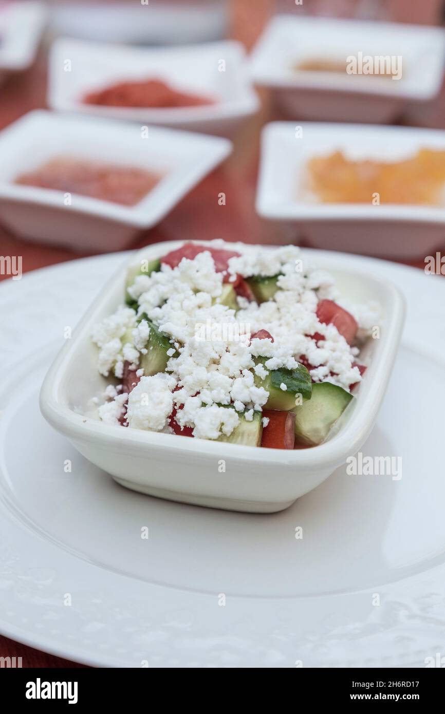 Mediterranean style Turkish breakfast on table Stock Photo - Alamy