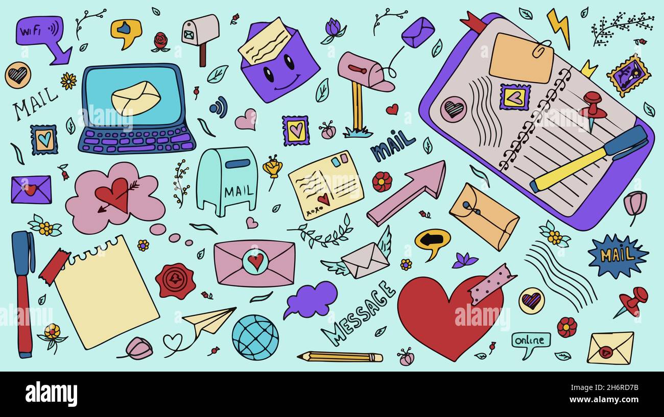 A set of vector mail doodles. Icons with paper envelopes, letters ...