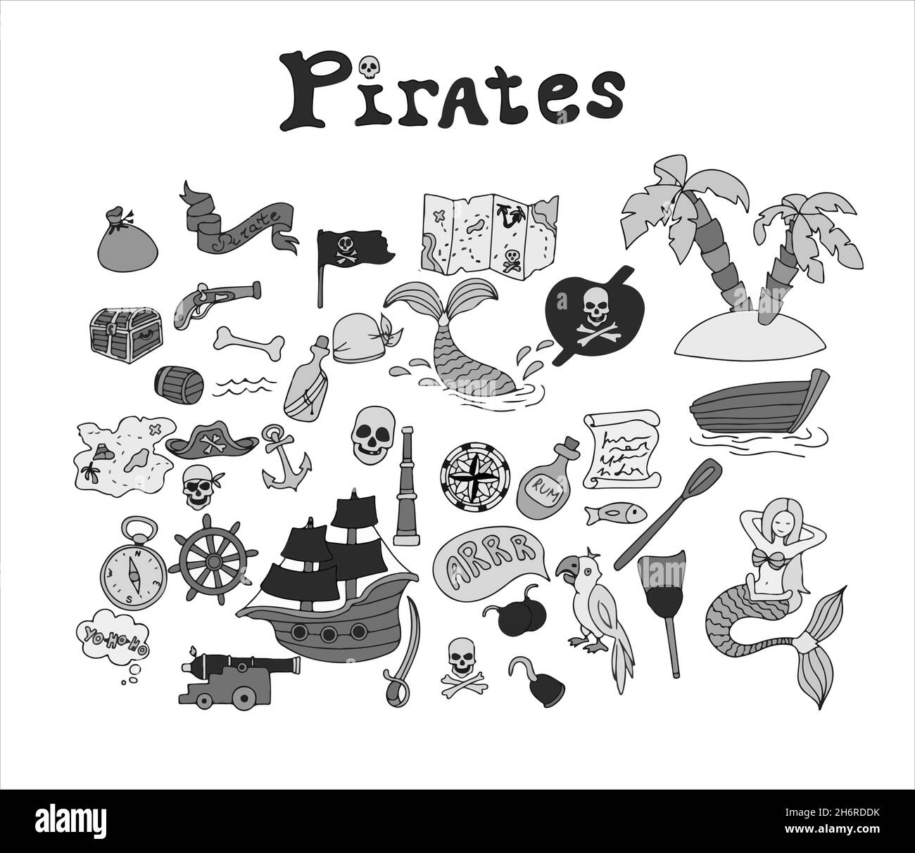 Vector doodle pirate set. A map with a hand-drawn sketch of a mermaid ...
