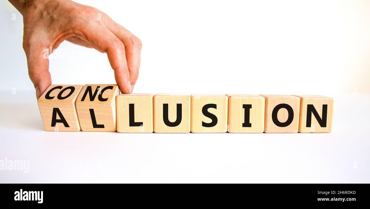 Conclusion or allusion symbol. Businessman turns wooden cubes and ...