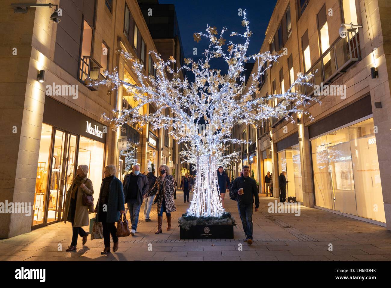 Night view of Multrees Walk shopping arcade with Christmas decorations ...