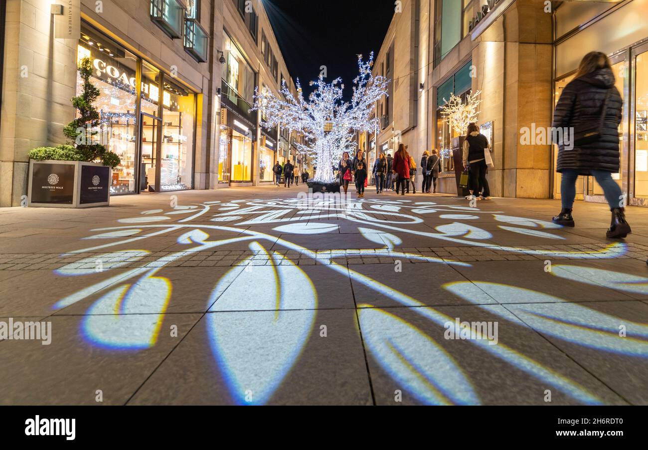 Night view of Multrees Walk shopping arcade with Christmas decorations ...