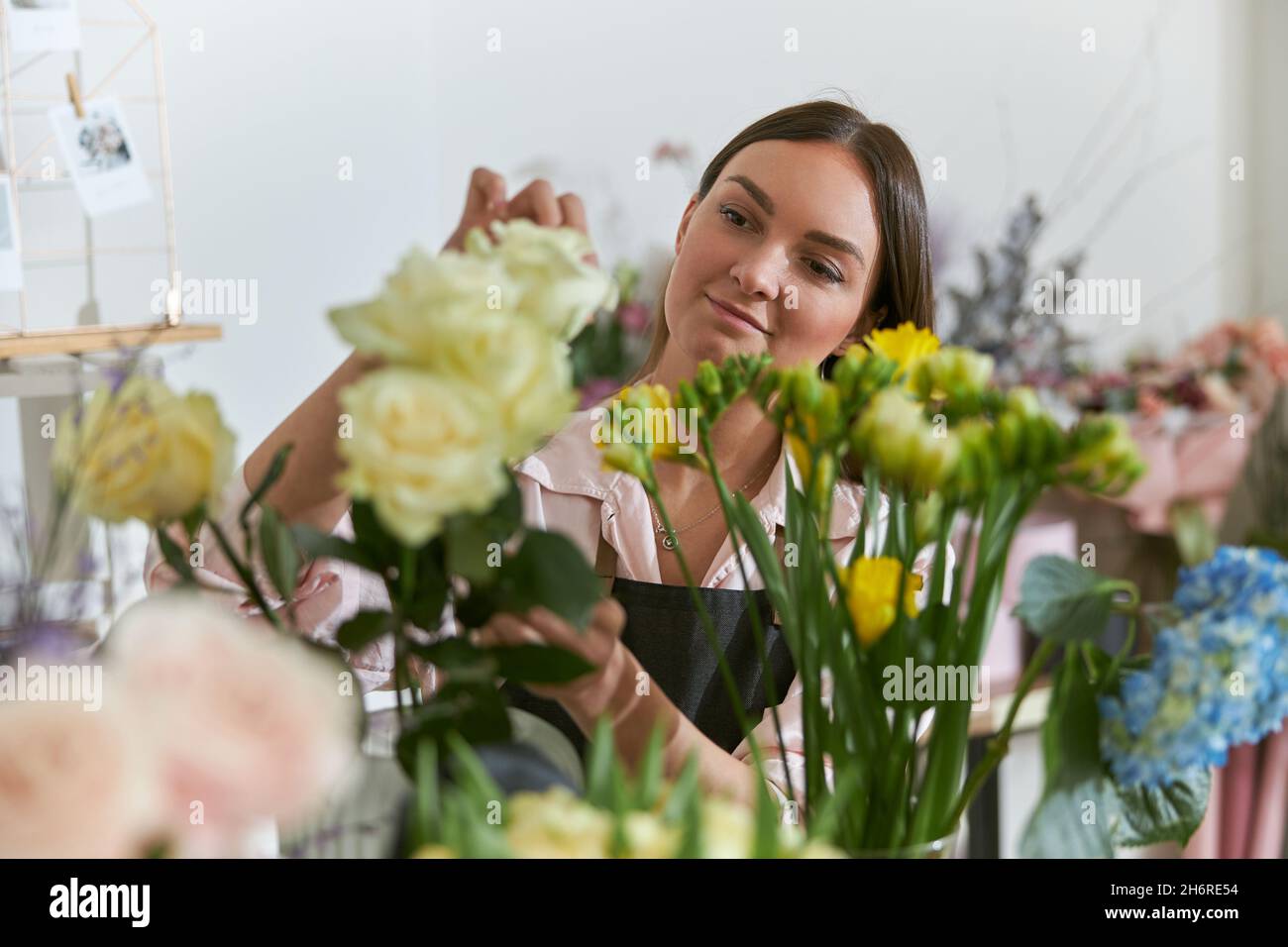 Professional florist young woman is doing bouquets at flower shop Stock ...