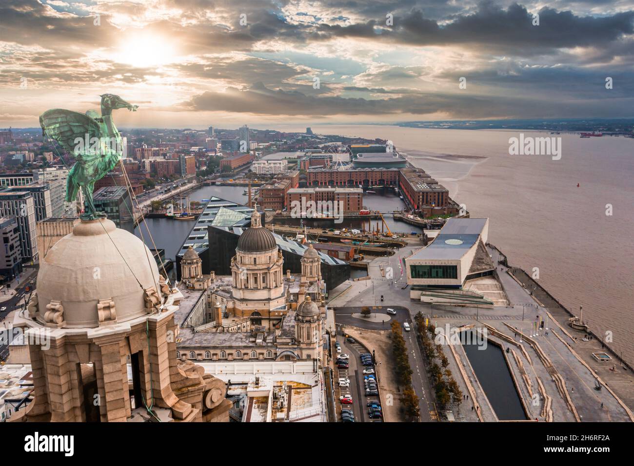 Aerial close up of the tower of the Royal Liver Building in Liverpool ...