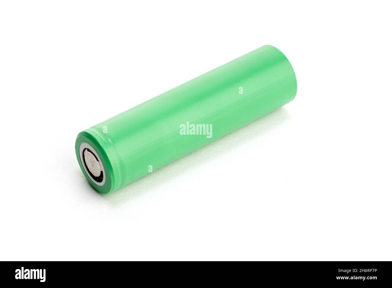 Green battery isolated on white background. Blank 18650 Li-ion battery ...