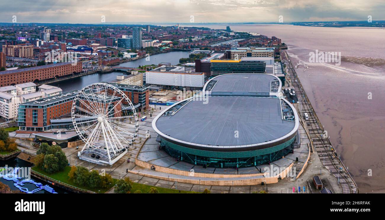 Aerial view of the Liverpool Wheel and Echo Arena in Liverpool, UK ...