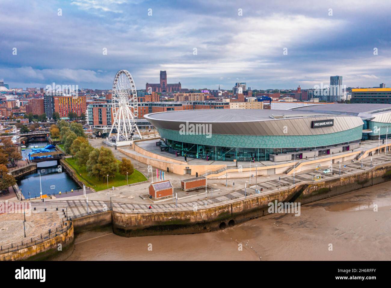 Aerial view of the Liverpool Wheel and Echo Arena in Liverpool, UK ...