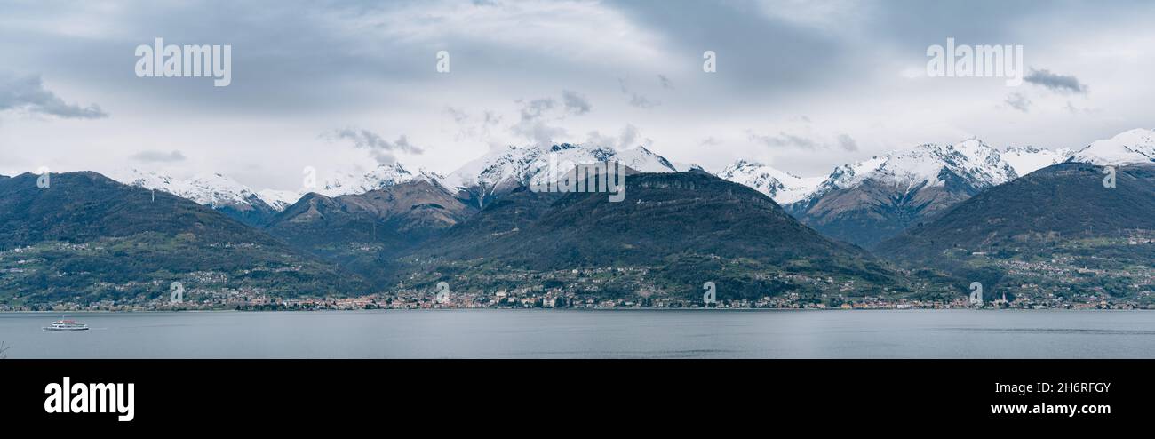 Panorama of snow-capped alpine mountains near Lake Como. Italy Stock ...