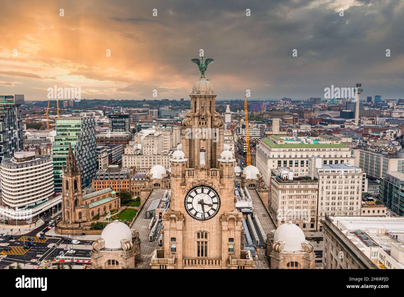 Aerial close up of the tower of the Royal Liver Building in Liverpool ...