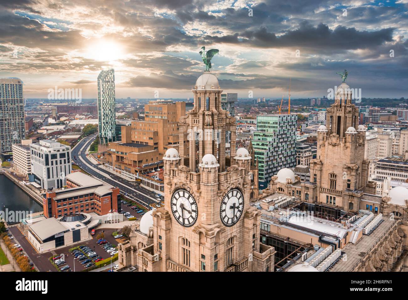 Aerial close up of the tower of the Royal Liver Building in Liverpool ...