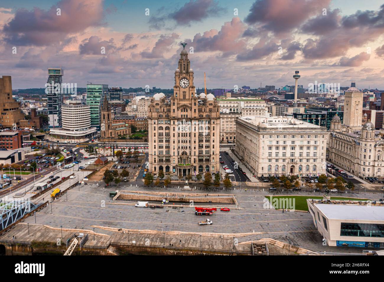 Aerial close up of the tower of the Royal Liver Building in Liverpool ...