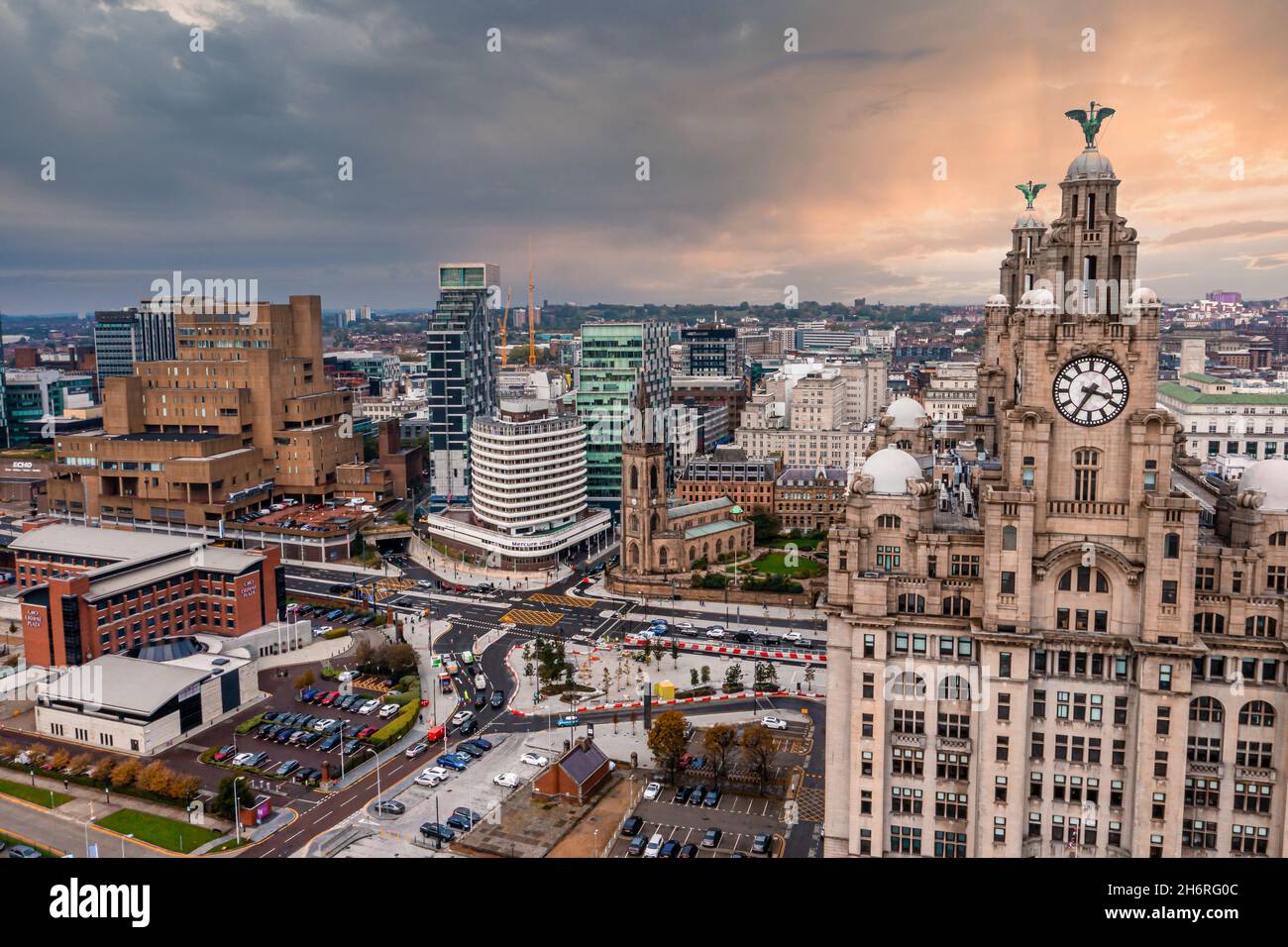 Aerial close up of the tower of the Royal Liver Building in Liverpool ...