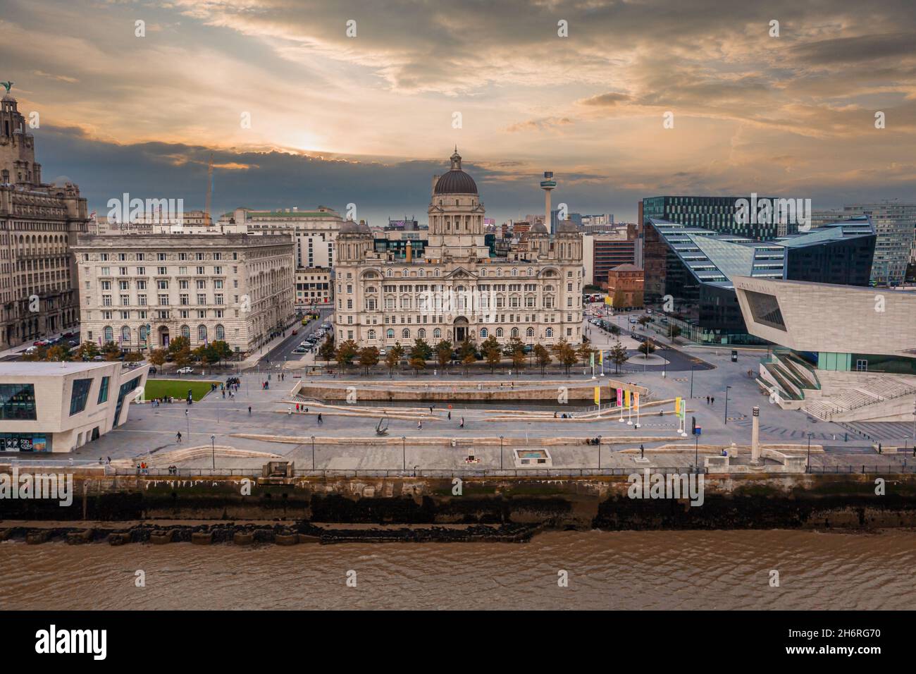 Aerial close up of the tower of the Royal Liver Building in Liverpool ...