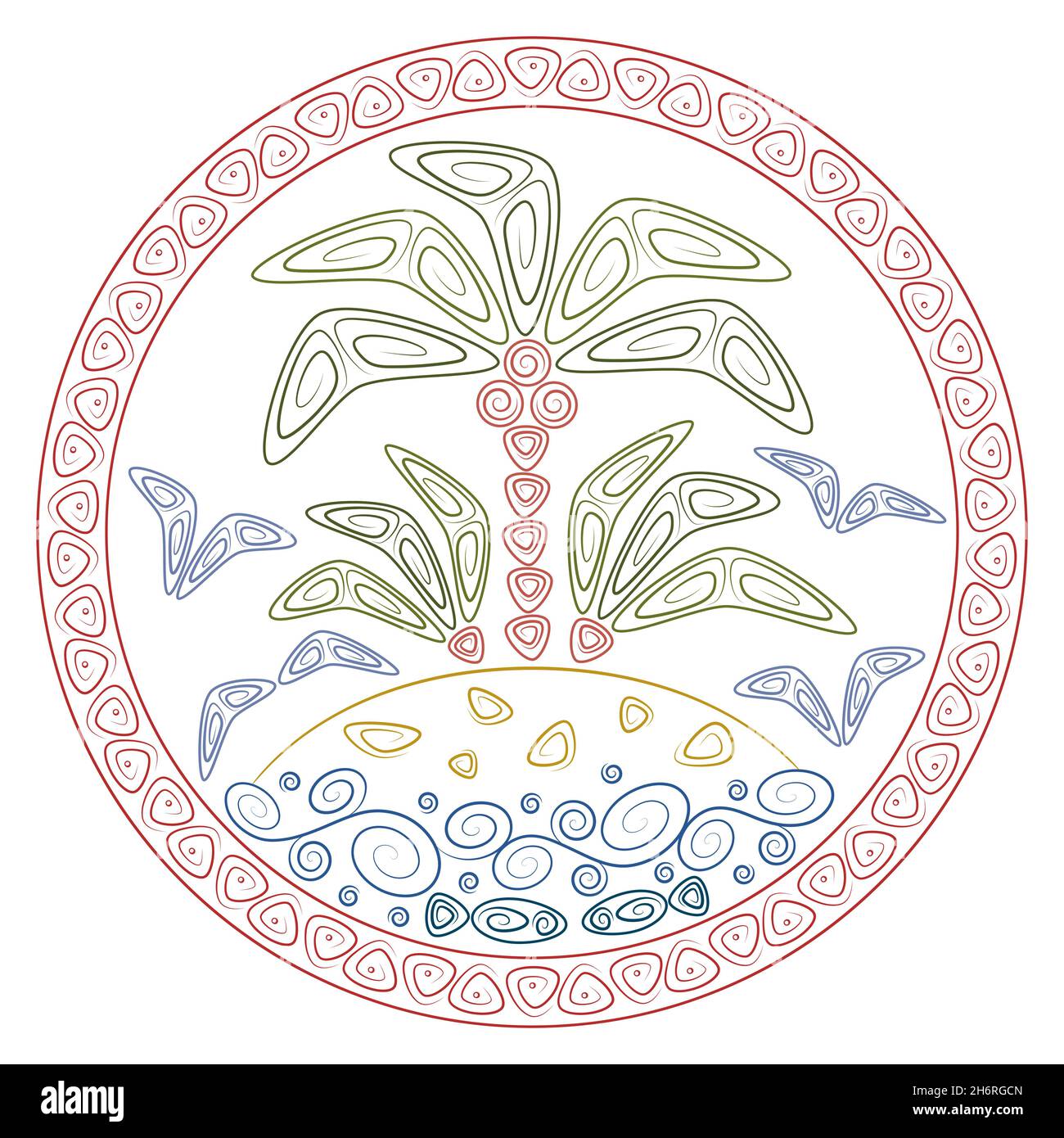 Abstract illustration with palm tree on a tropical island in the ocean ...