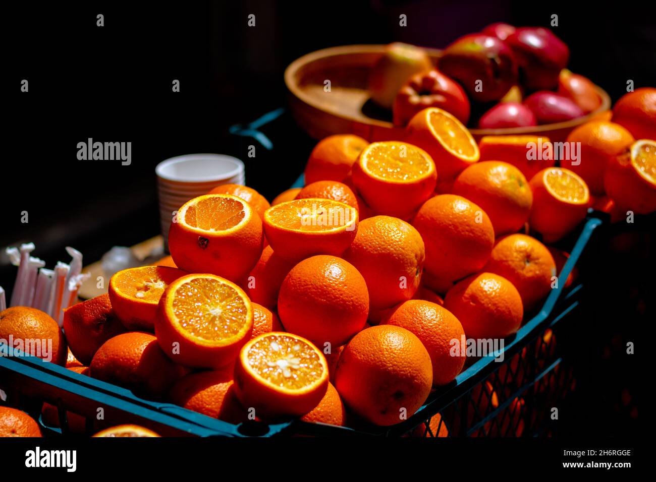 Oranges in the box. Juicy oranges ready for being juice. Healthy citrus ...