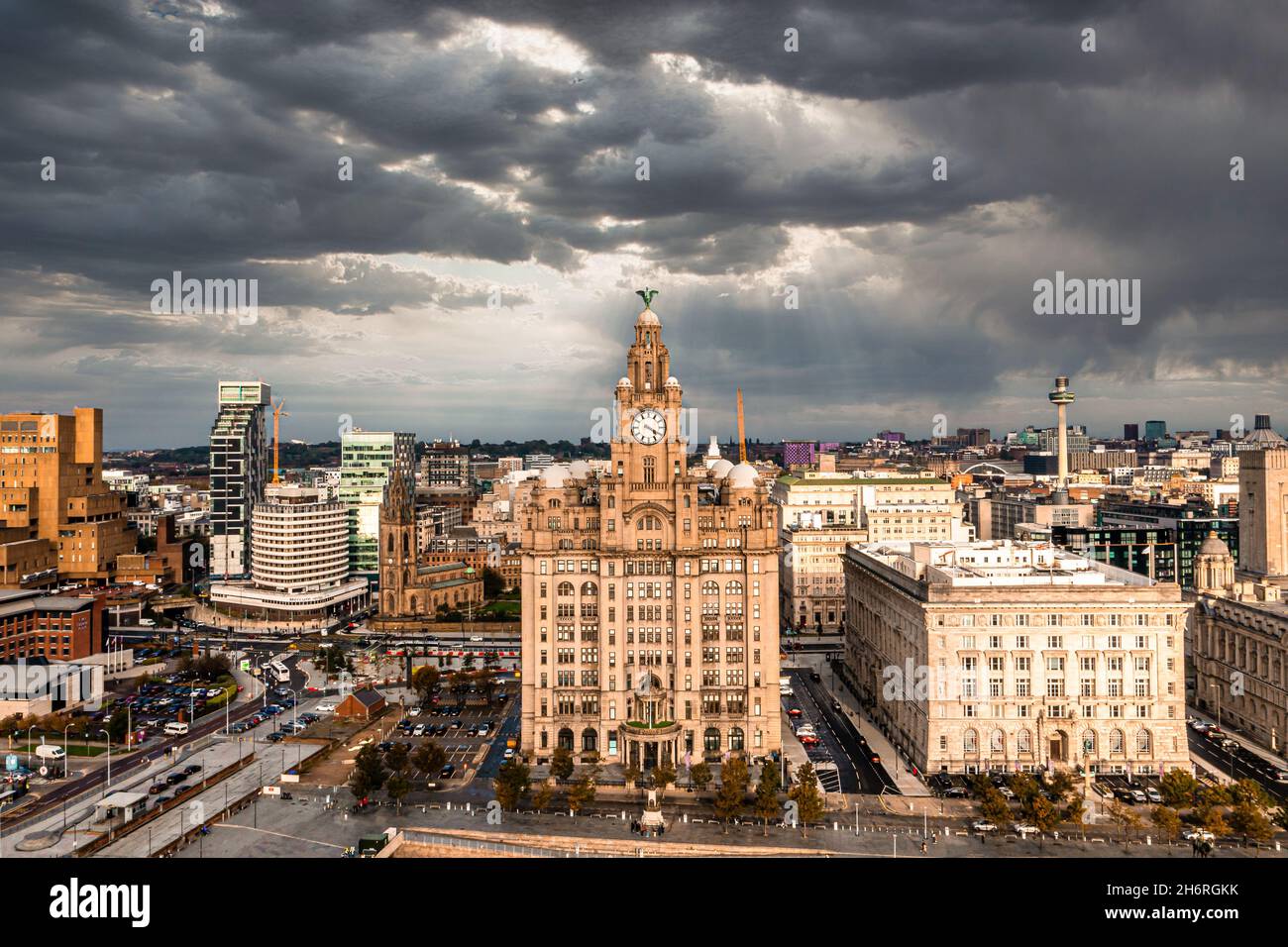 Aerial close up of the tower of the Royal Liver Building in Liverpool ...