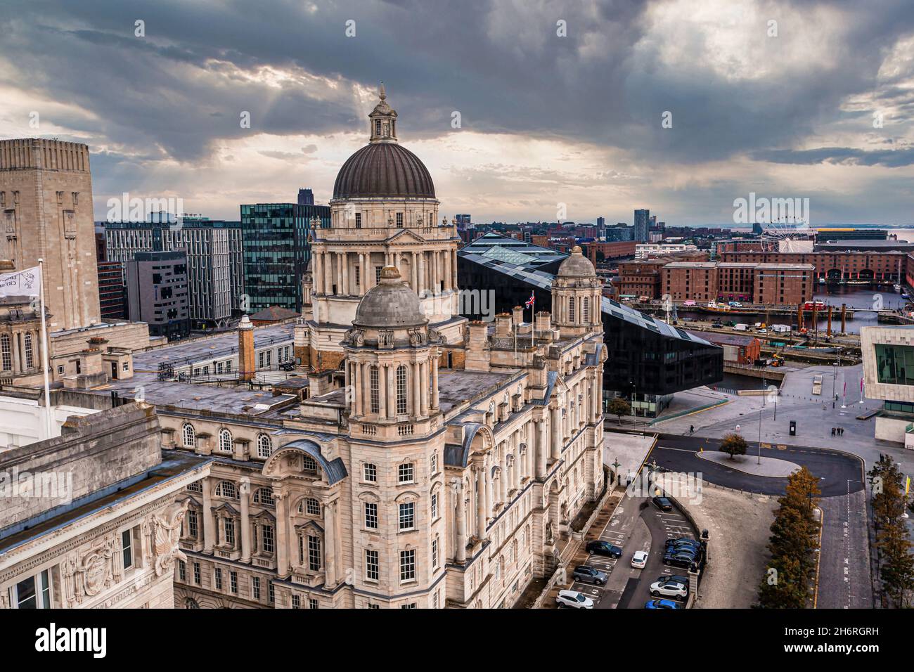 Aerial close up of the tower of the Royal Liver Building in Liverpool ...