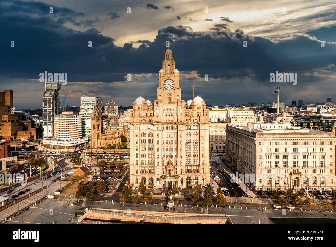 Aerial close up of the tower of the Royal Liver Building in Liverpool ...