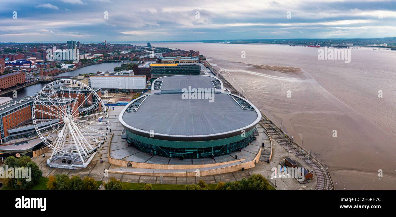 Aerial view of the Liverpool Wheel and Echo Arena in Liverpool, UK ...