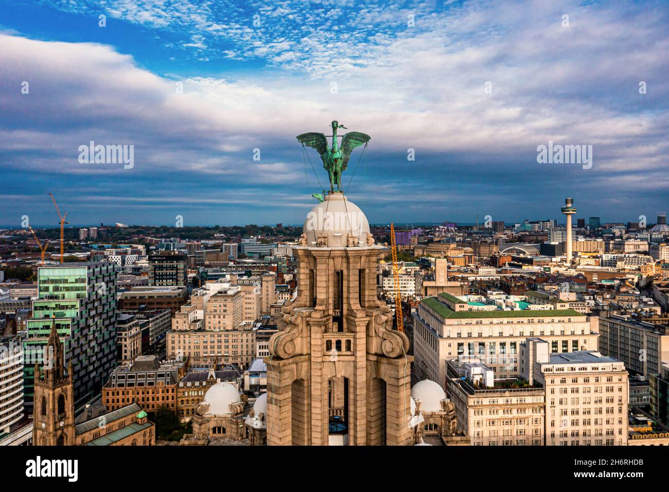 Aerial close up of the tower of the Royal Liver Building in Liverpool ...
