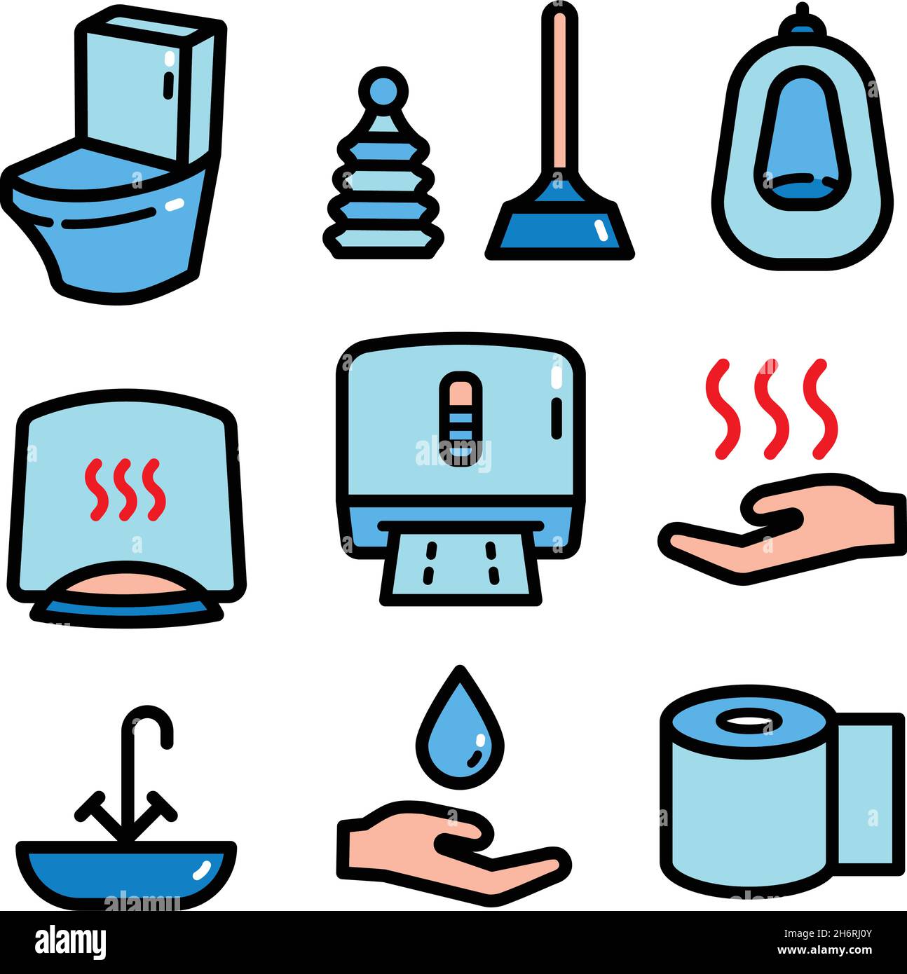 Set of sanitary icons such as Toilet, Towel, Plunger, Restroom, Urinal ...