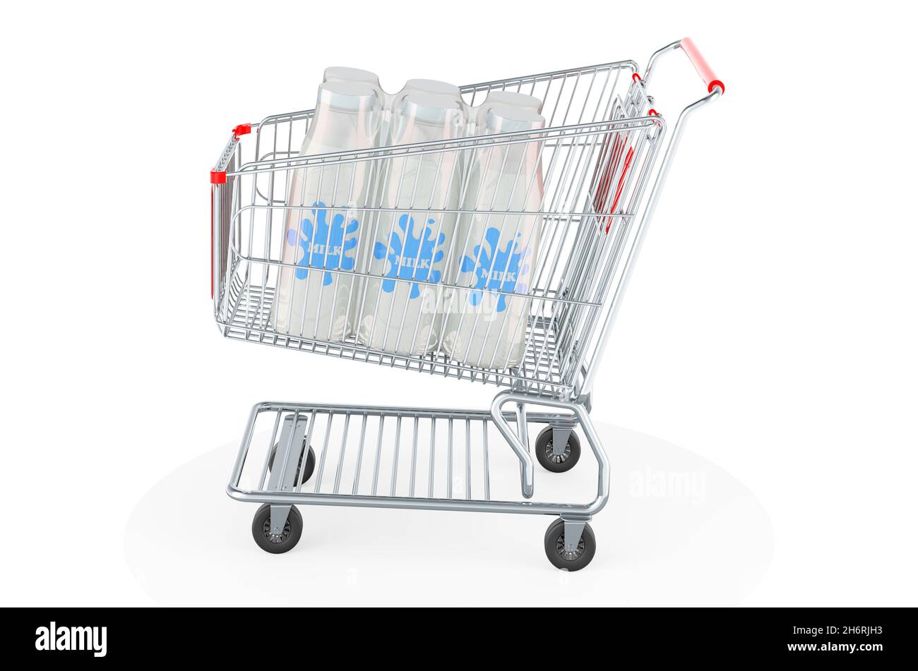 Package of glass milk bottles in shrink film inside shopping cart, 3D ...