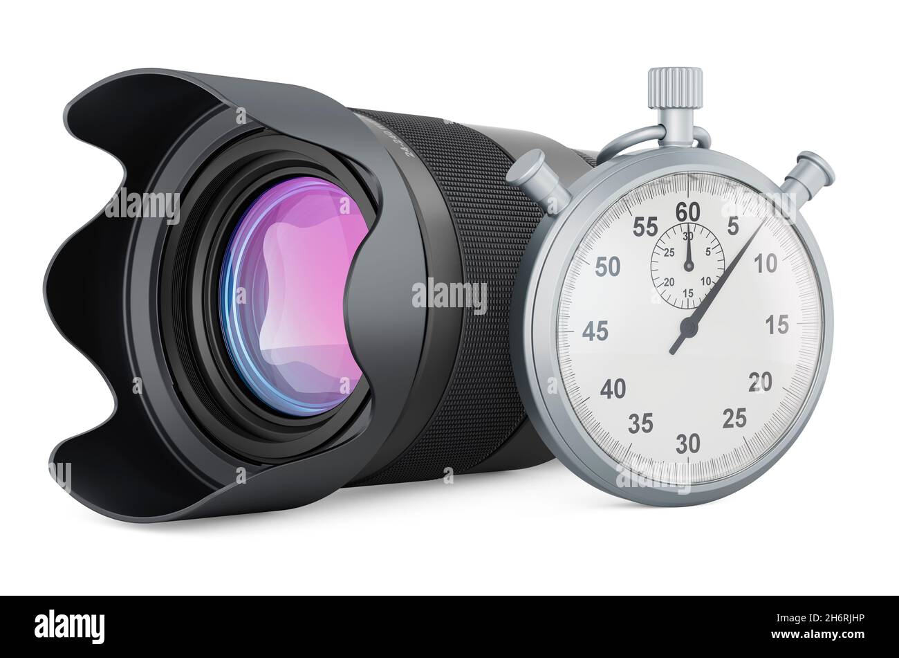 Camera lens with stopwatch, 3D rendering isolated on white background ...