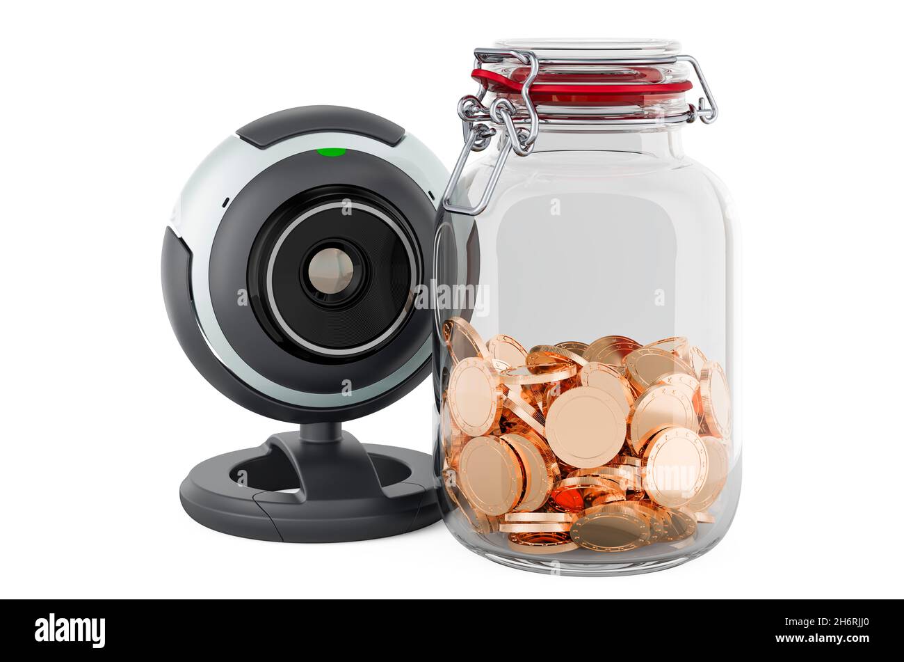 Webcam with glass jar full of golden coins, 3D rendering isolated on ...
