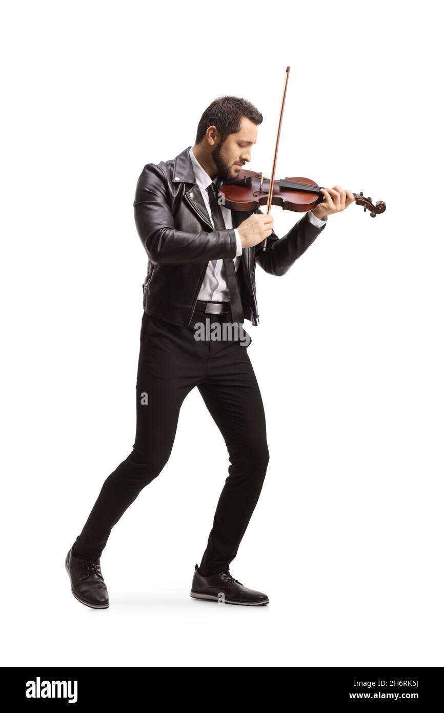 Full length shot of a trendy man in a leather jacket playing a violin ...