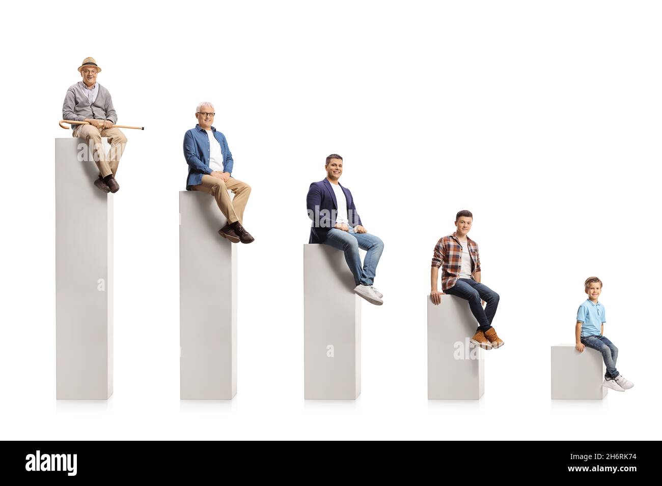 Men sitting on columns from a graph chart from youngest to eldest ...