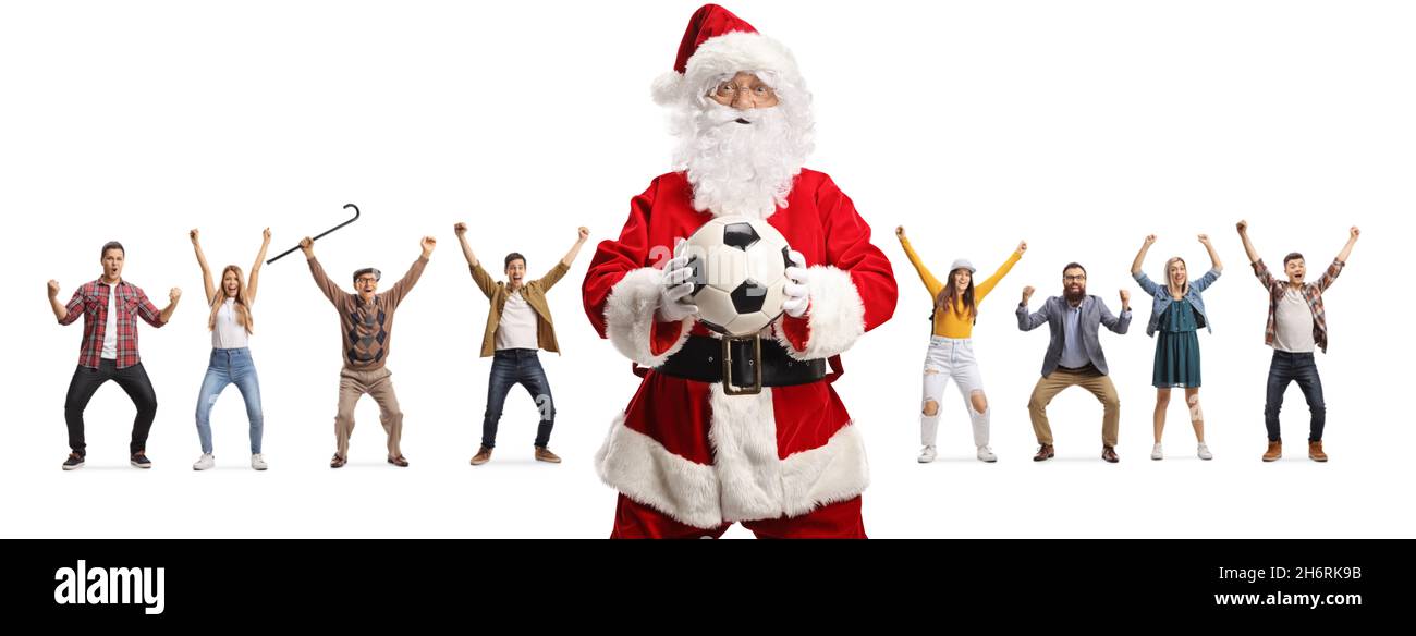 Santa claus holding a football and people cheering in the back isolated ...
