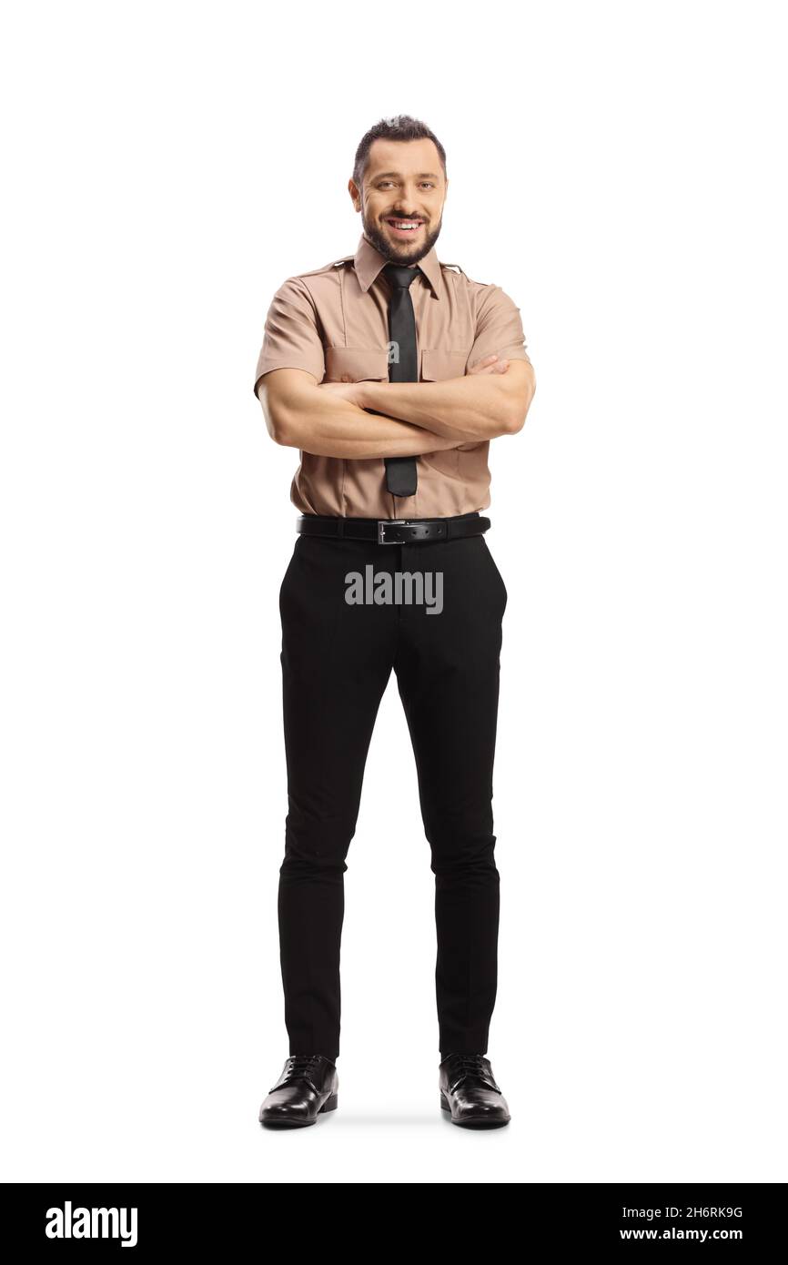 Full length portrait of a security officer smiling and posing with ...