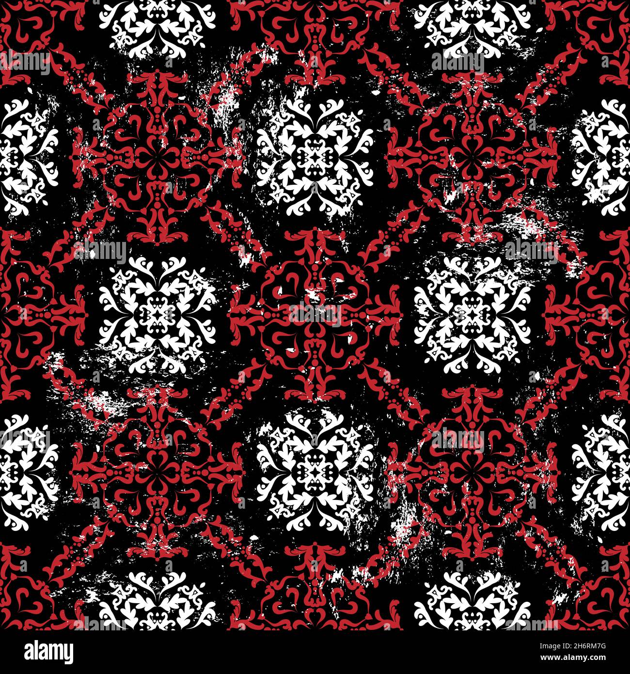 Rich oriental pattern in red and white on a black background. Vintage ...