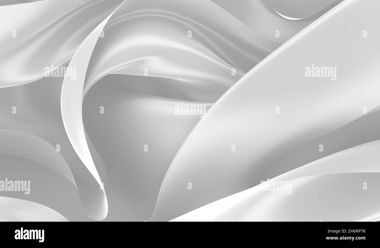 Beautiful flowing cloth flying in the wind. White wavy silk or satin ...