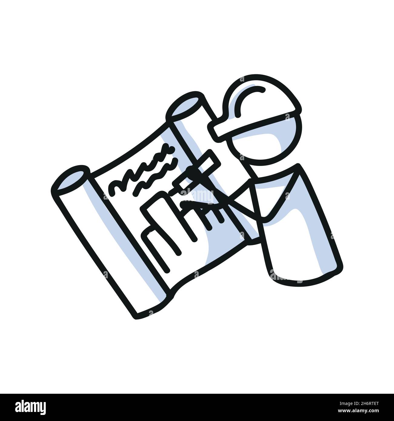 Drawn stick figure with blueprints. Construction worker for industry ...