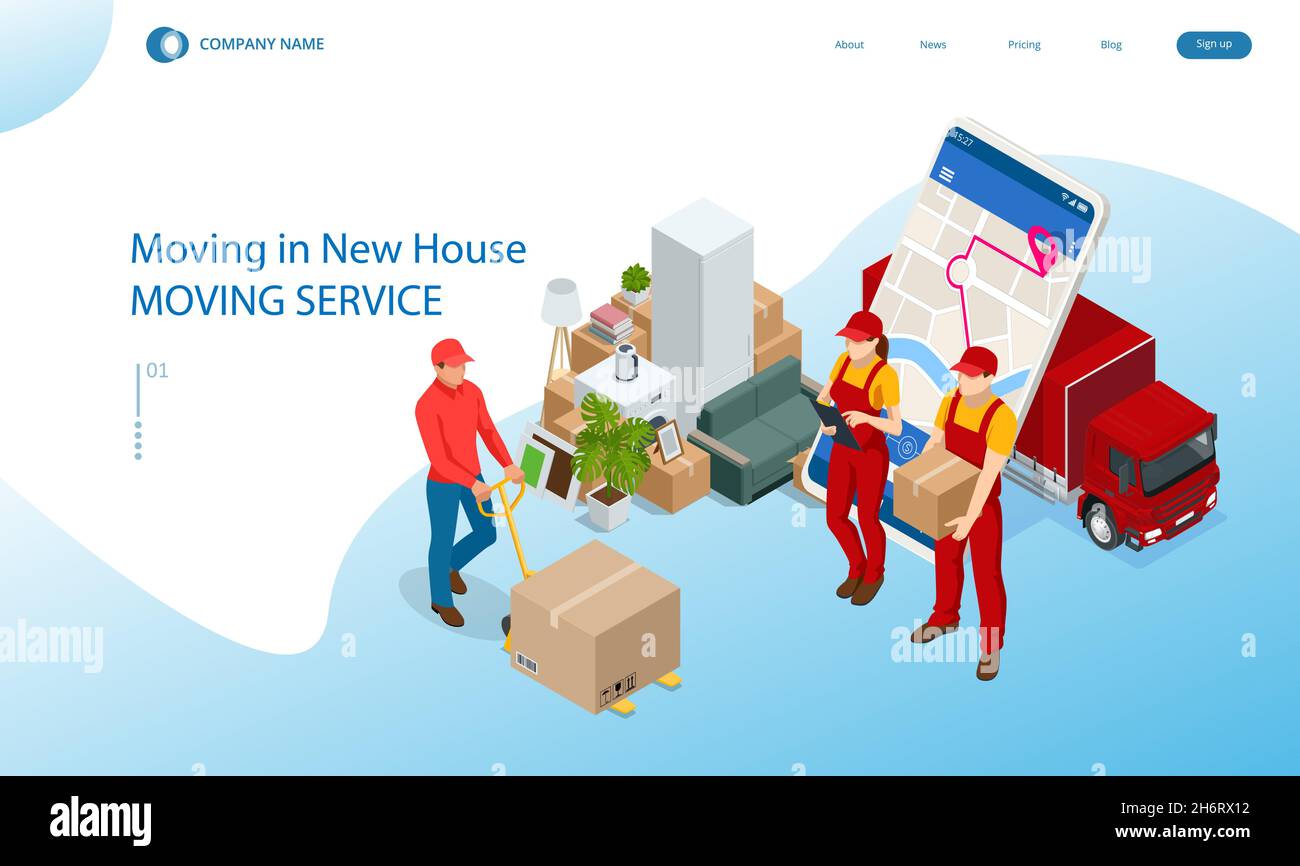 Isometric Moving Company Worker Carrying Boxes and Furniture, Truck ...