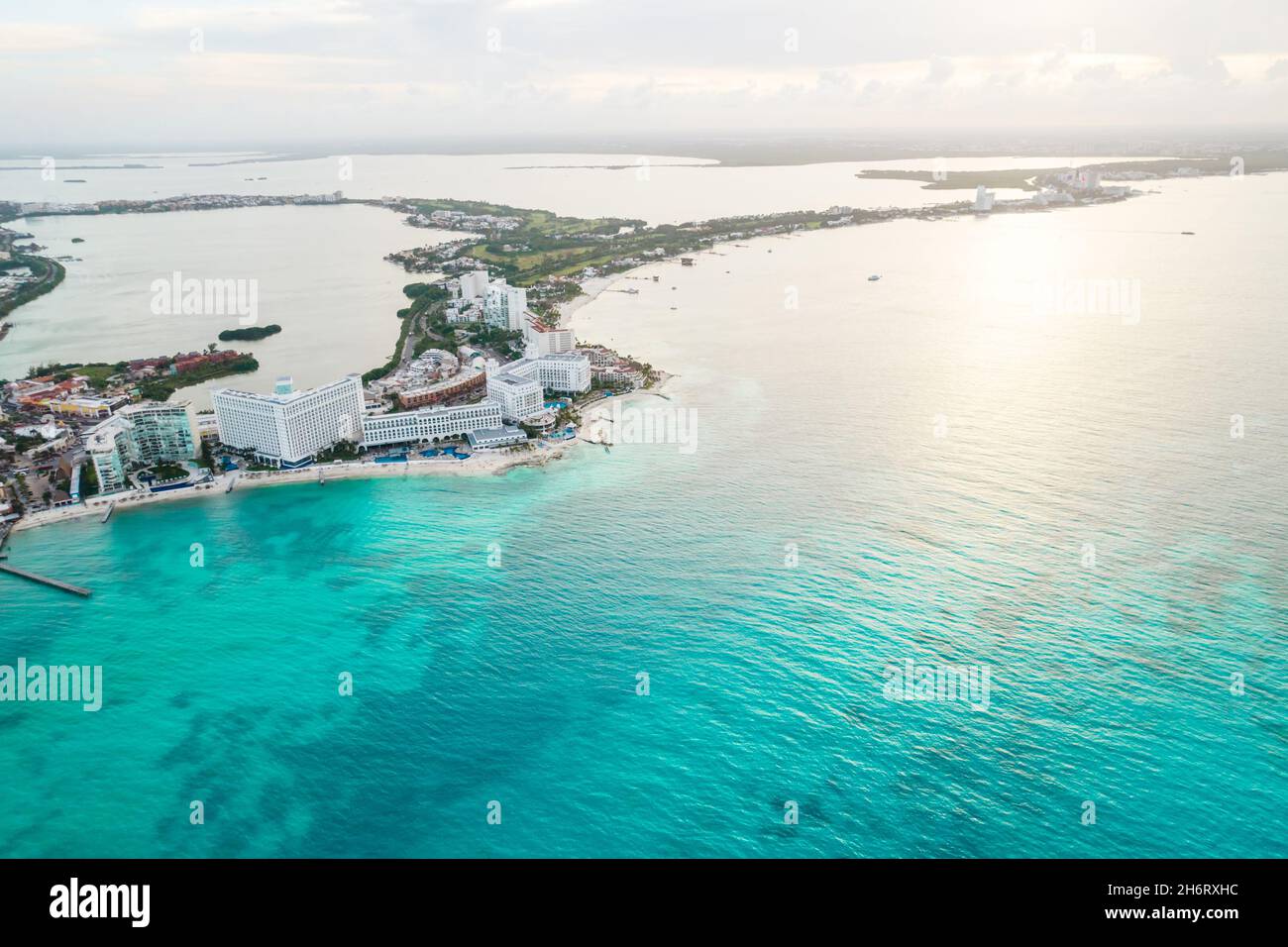 Aerial panoramic view of Cancun beach and city hotel zone in Mexico ...