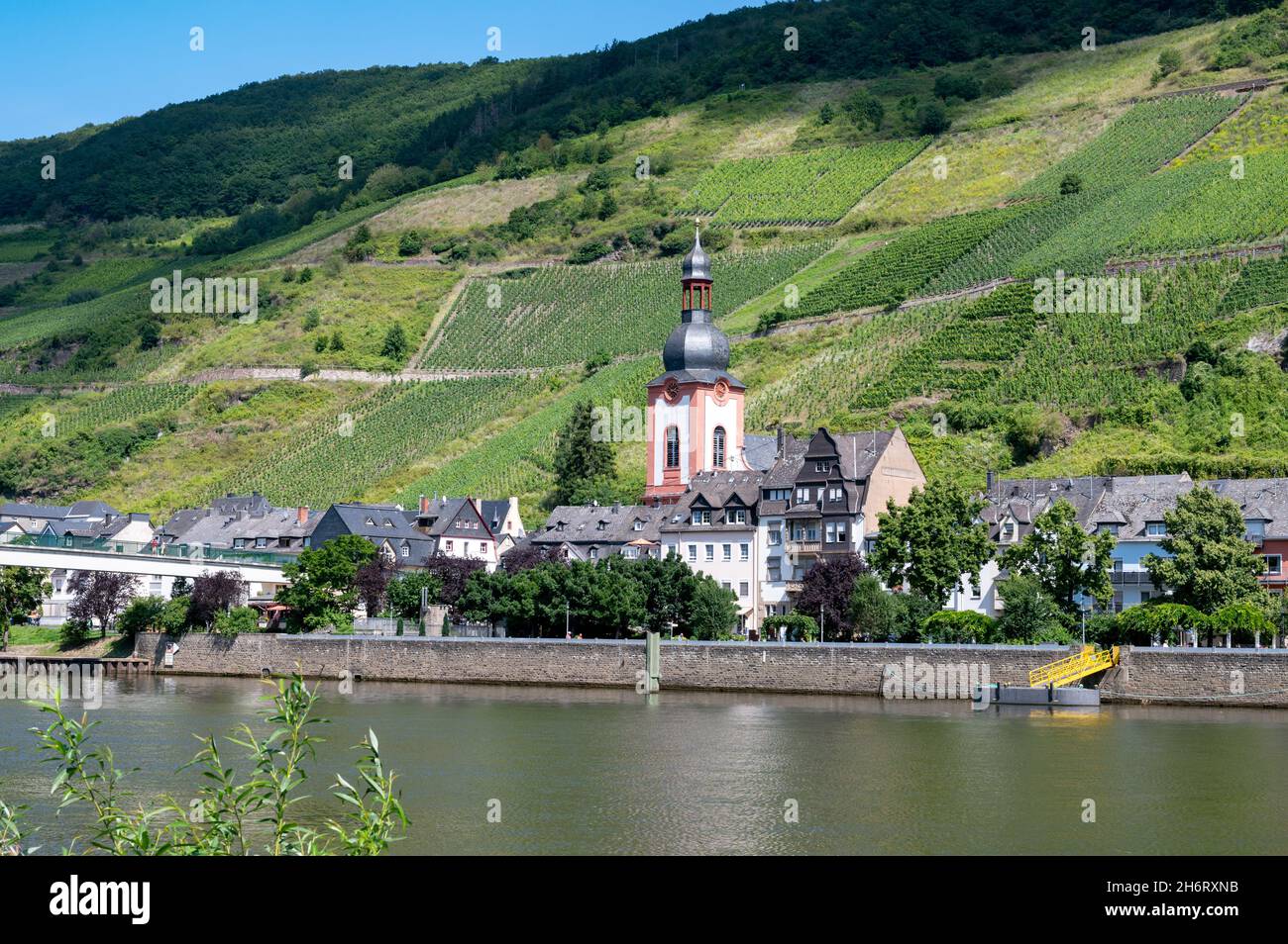 View on Mosel river, hills with vineyards and old town Zell, Germany ...