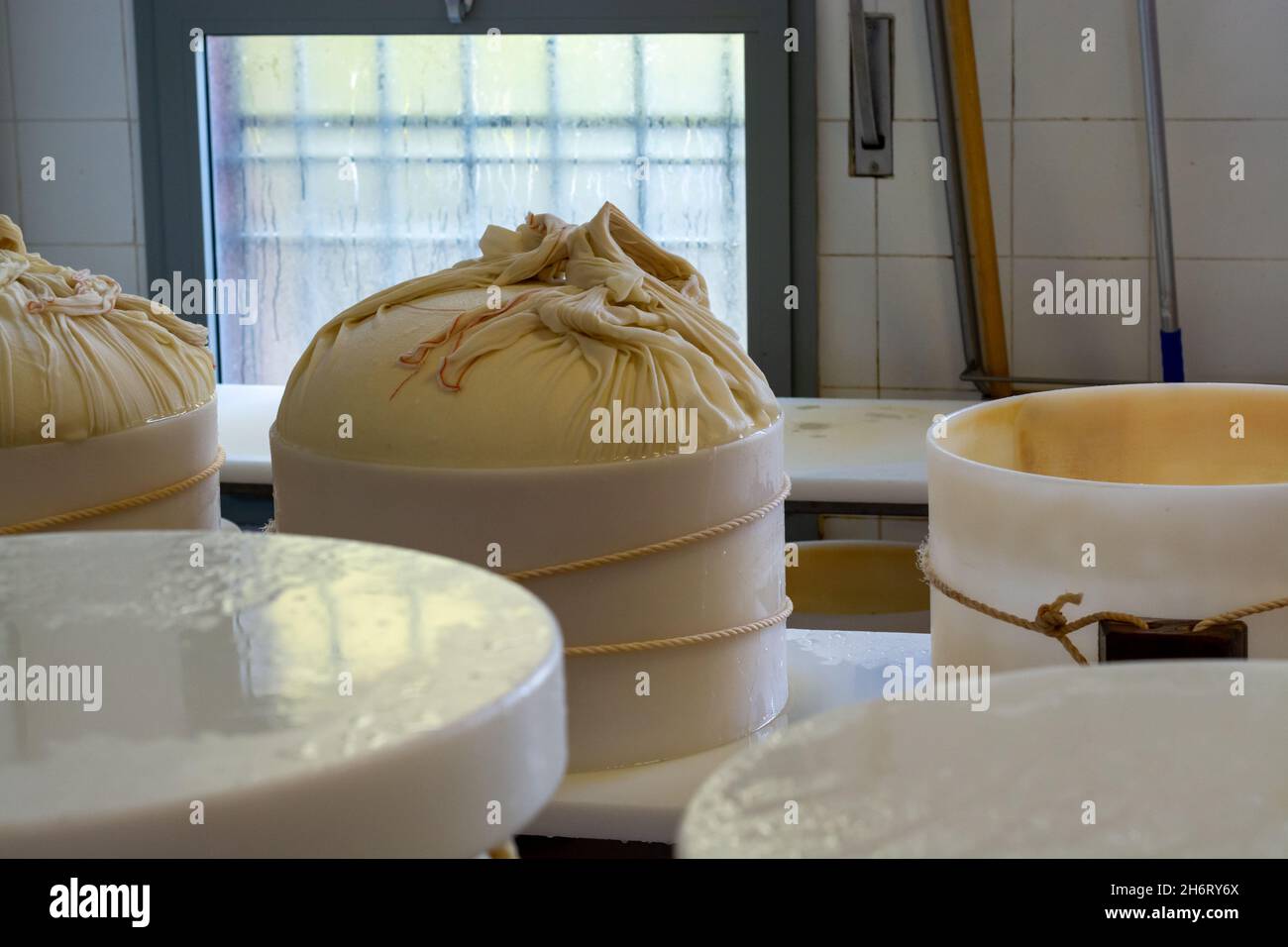 Traditional process of making from cow milk wheels of parmigiano ...