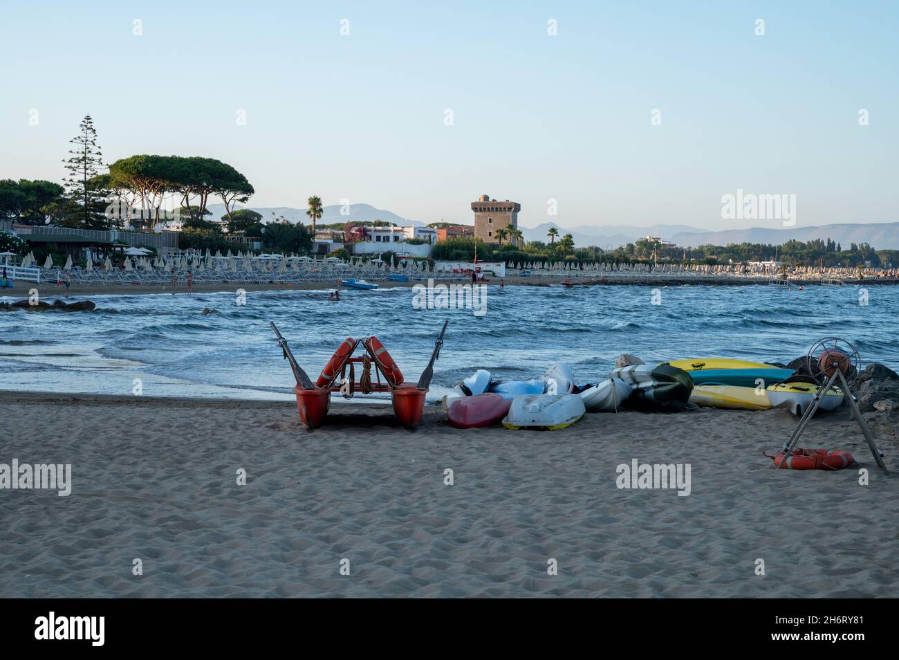 View on sandy beaches of San Felice Circeo at sunset, ancient Italian ...