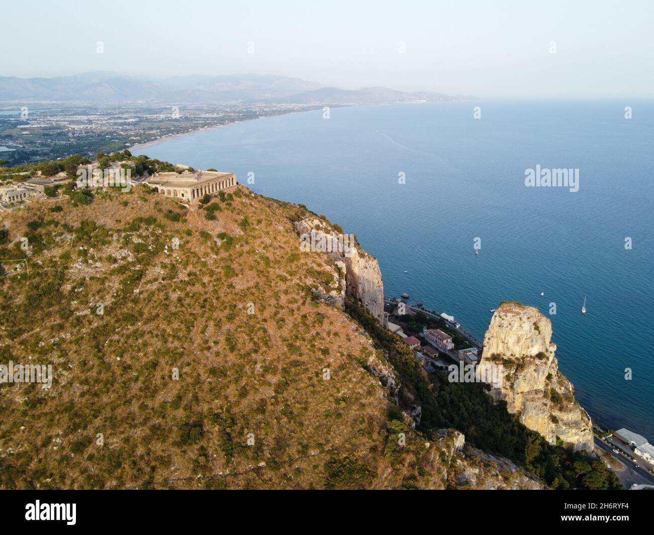 Aerial view on Terracina, mountains and Tyrrhenian Sea bay, ancient ...