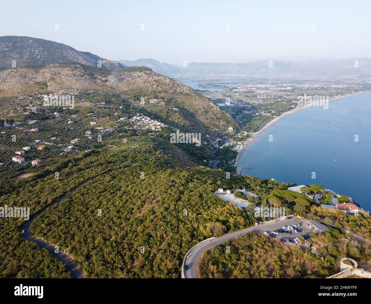 Aerial view on Terracina, mountains and Tyrrhenian Sea bay, ancient ...