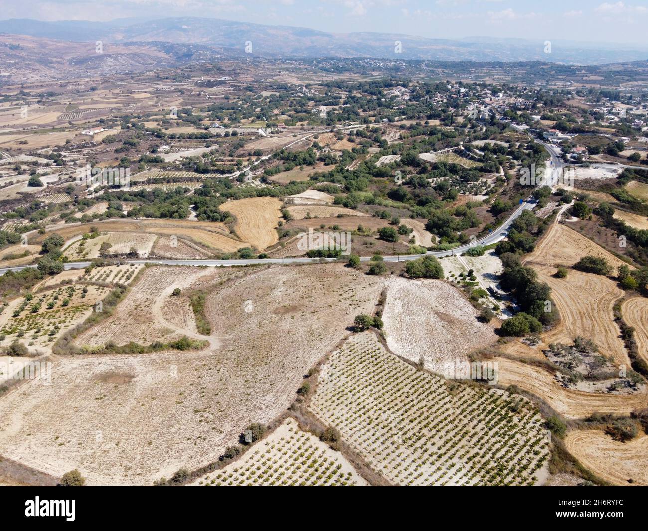 Aerial view on Troodos mountains, fertile valley with vineyards and ...