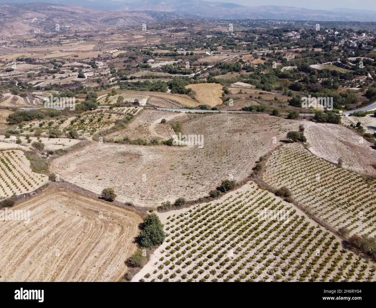 Aerial view on Troodos mountains, fertile valley with vineyards and ...