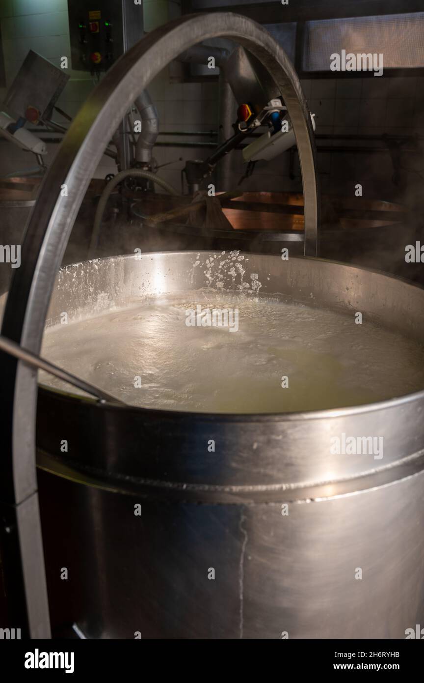 Process of making fresh white soft ricotta whey cheese early morning on ...