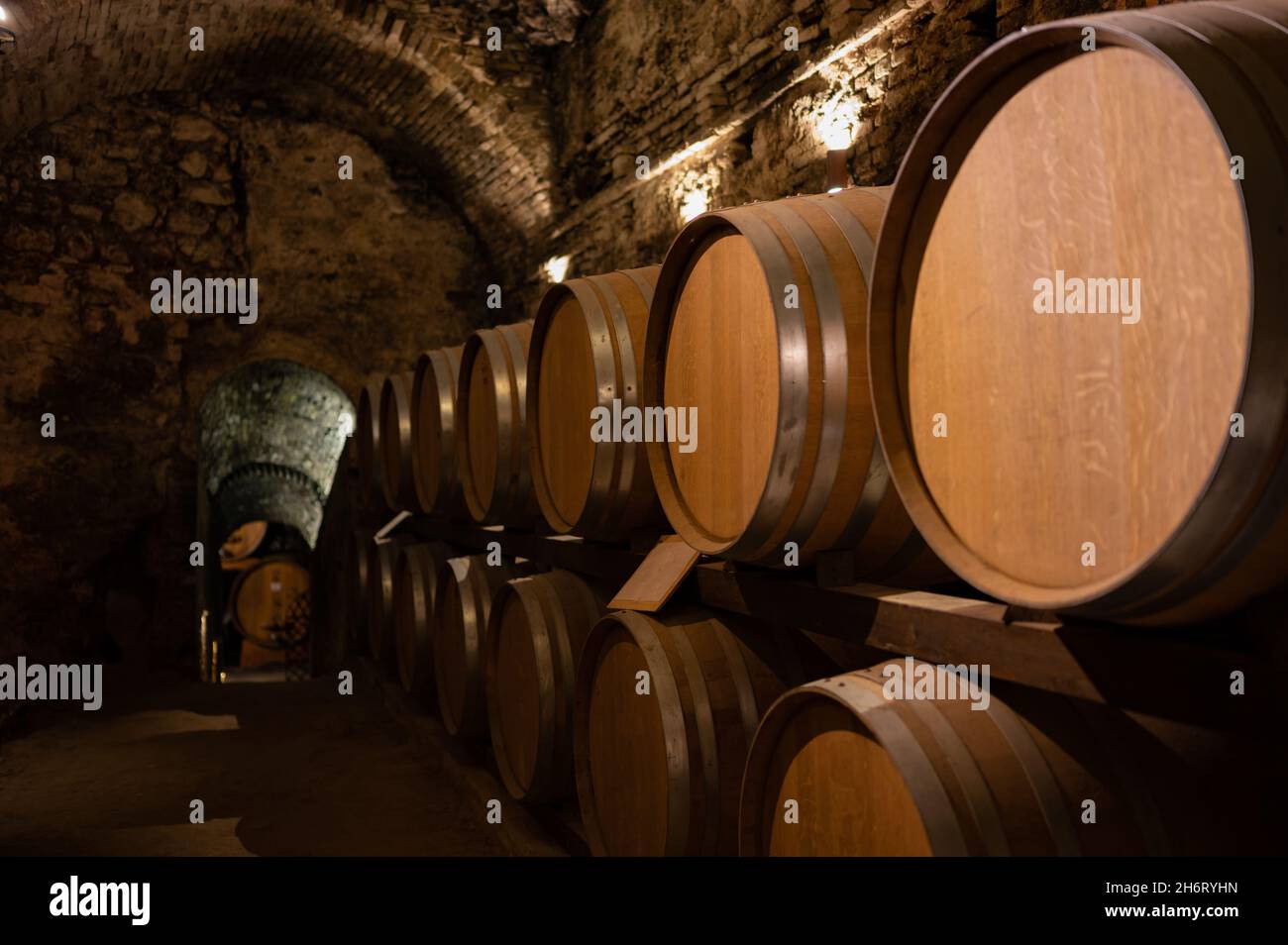 Medieval underground wine cellars with old red wine barrels for aging ...