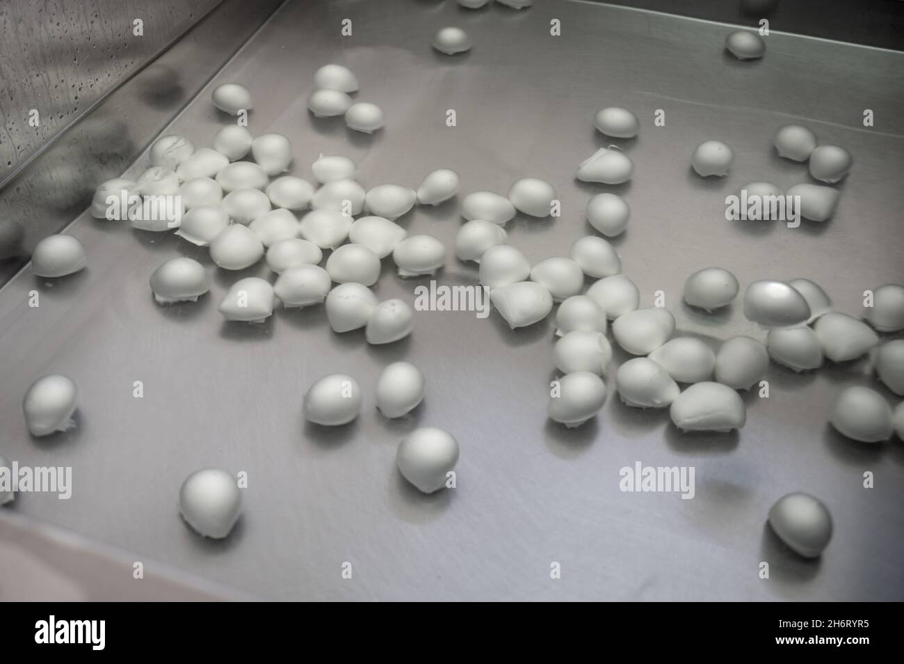 Process of making fresh white soft buffalo mozzarella cheese on small ...