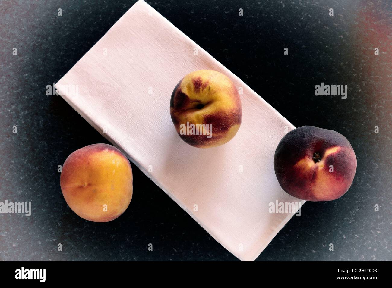 Three peaches (Prunus persica) and white napkin on plain background ...