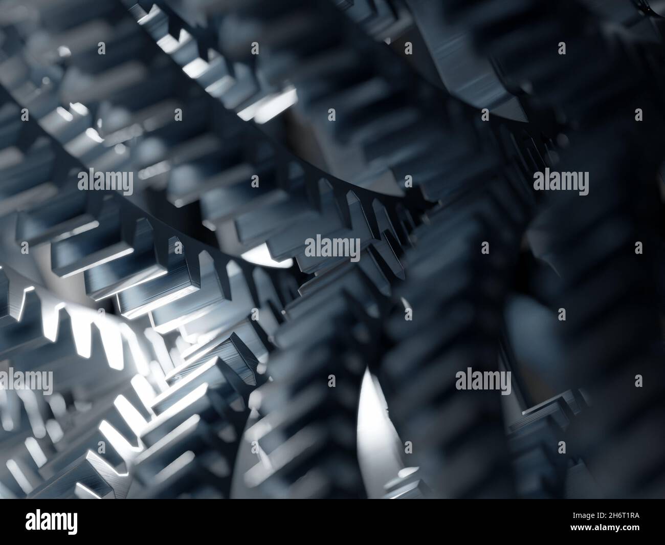 Steel gears from an engine gearbox, close up. High performance engines ...
