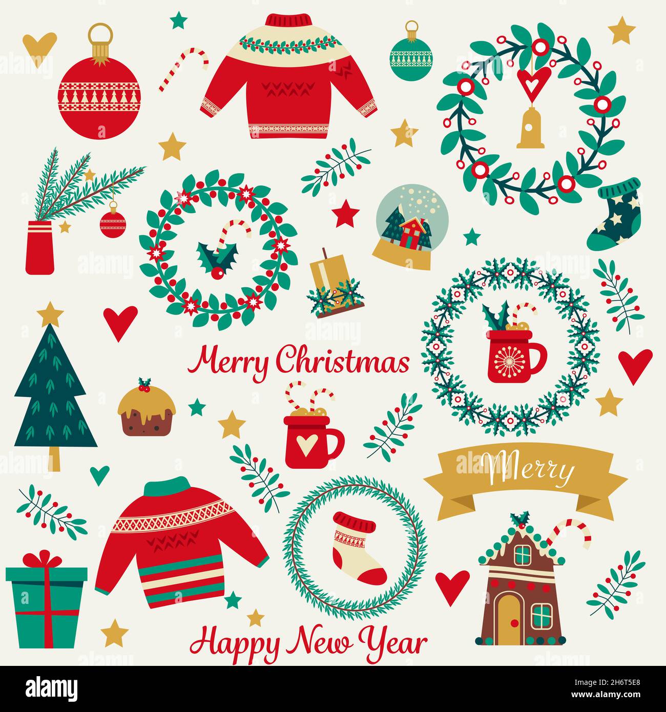 Christmas holiday cute elements set. Pretty print for cards, stickers ...